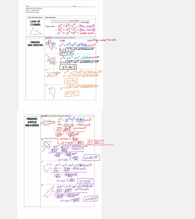 Notes TR 9.7 Law of Cosines Solutions 2023 Class 4 | PDF