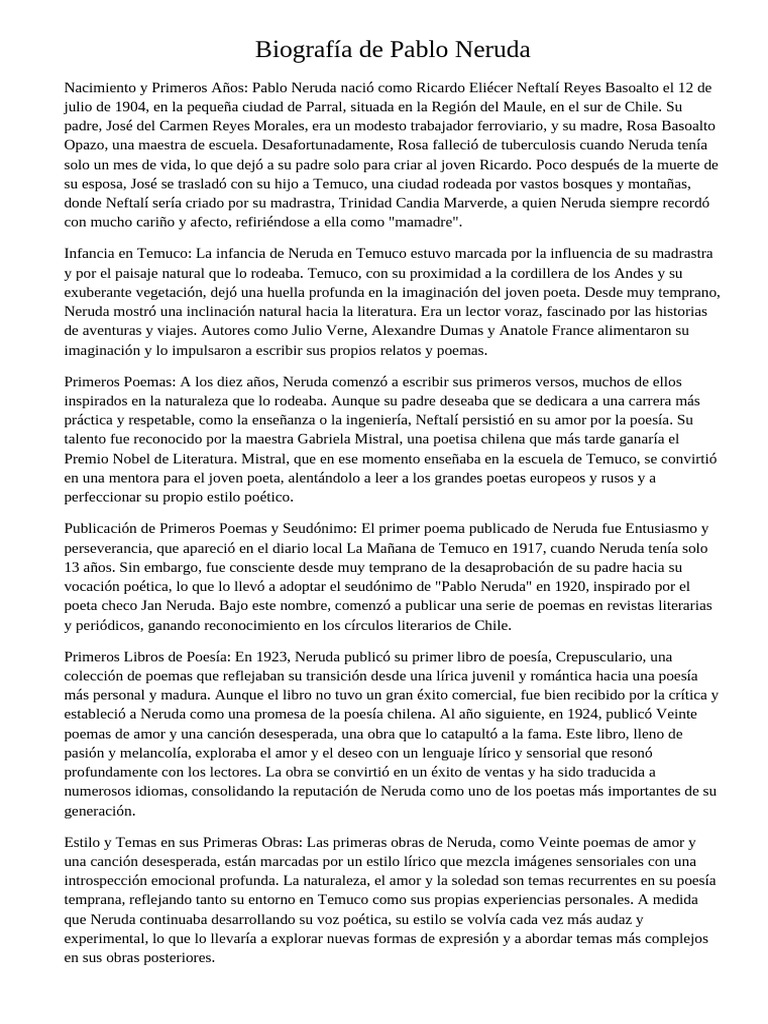 Biografía de Pablo Neruda | PDF