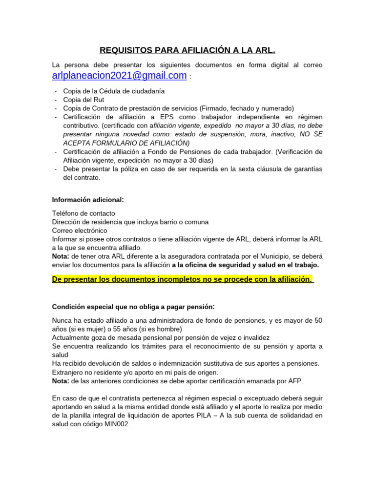 Requisitos para Afiliación A La Arl | PDF