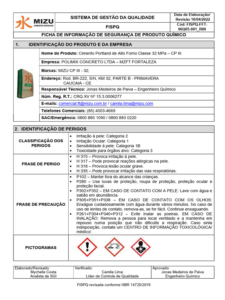 FISPQ FFT 06Q05 001 - R00 Cimento Portland de Alto Forno 32 MPa CP III FFT | PDF