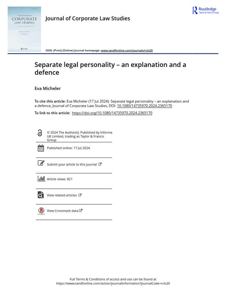 Separate Legal Personality An Explanation and A Defence | PDF ...