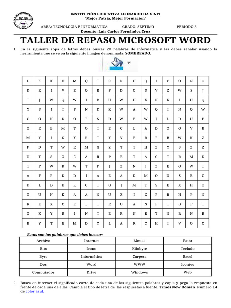 Taller de Repaso Word Grado 7-2024 | PDF