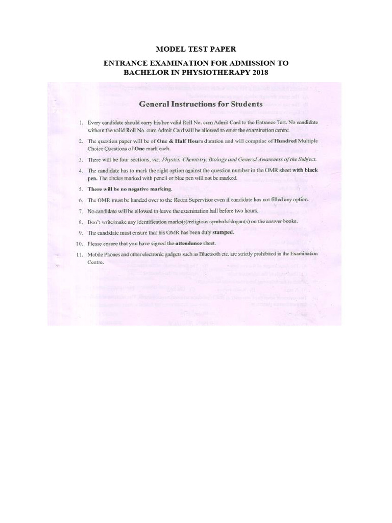 Model Test Paper For Entrance Test of BPT 2018 | PDF