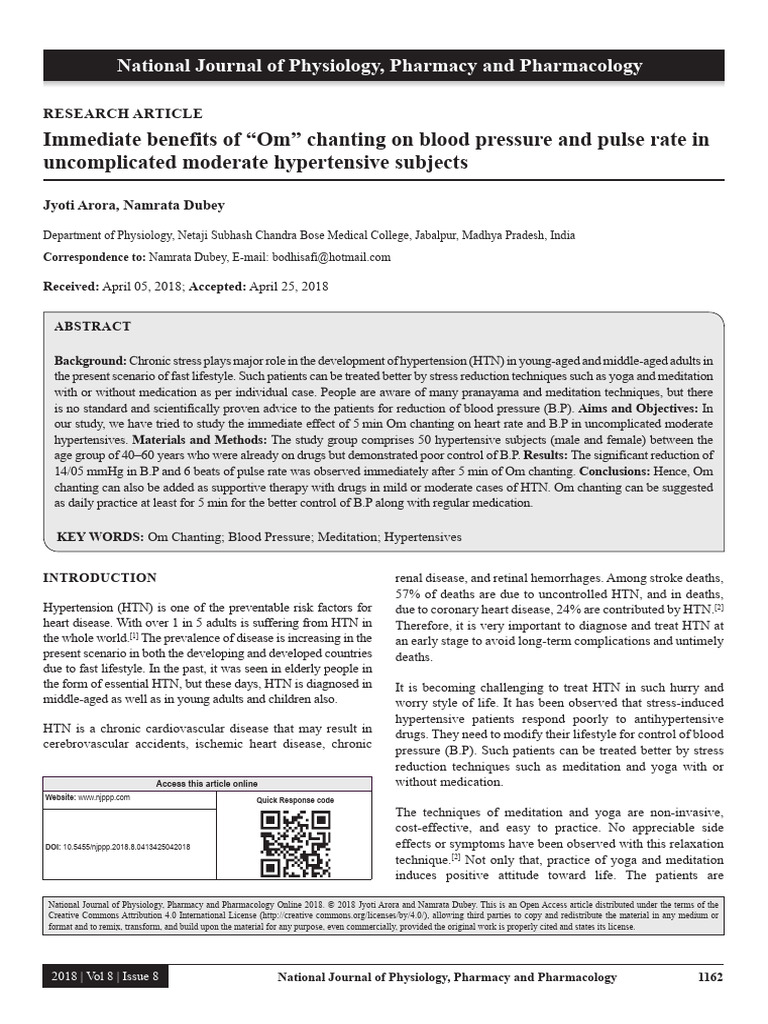Immediate Benefits of "Om" Chanting On Blood Pressure and Pulse Rate in ...