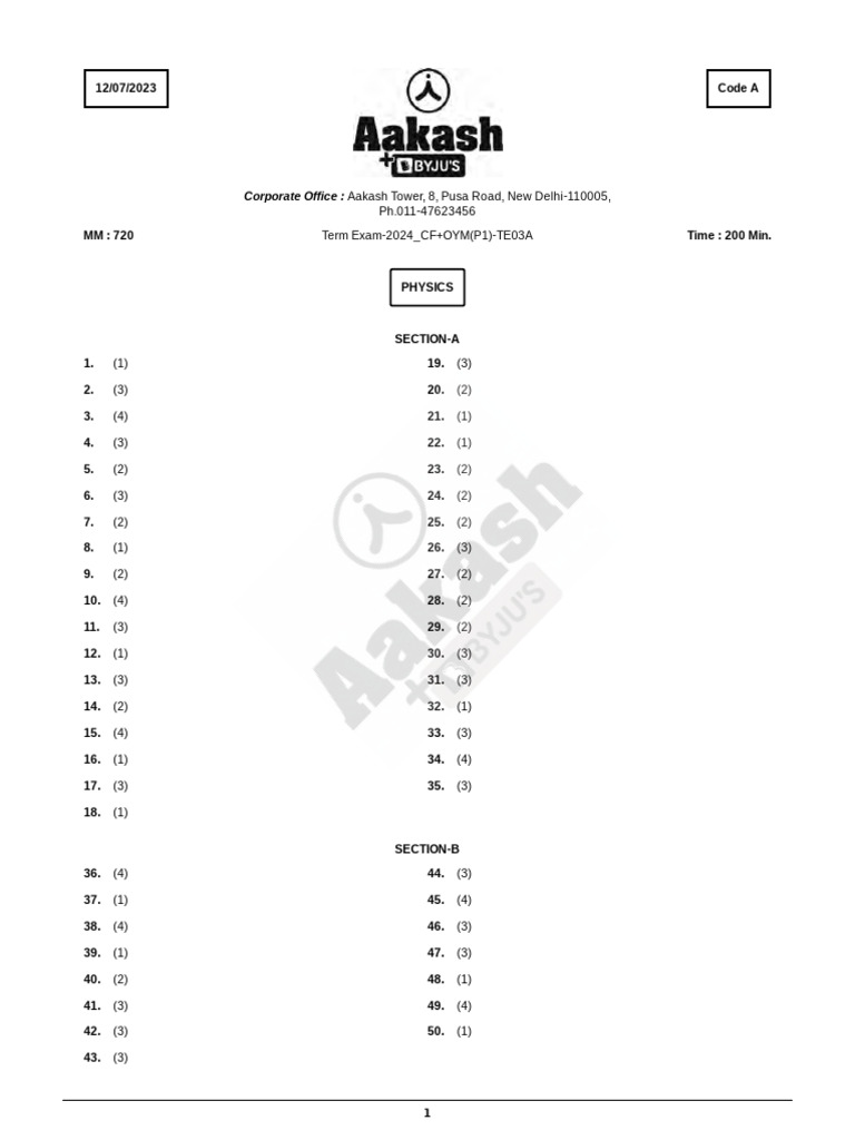 Ph.011-47623456 Term Exam-2024 - CF+OYM (P1) - TE03A: Corporate Office ...