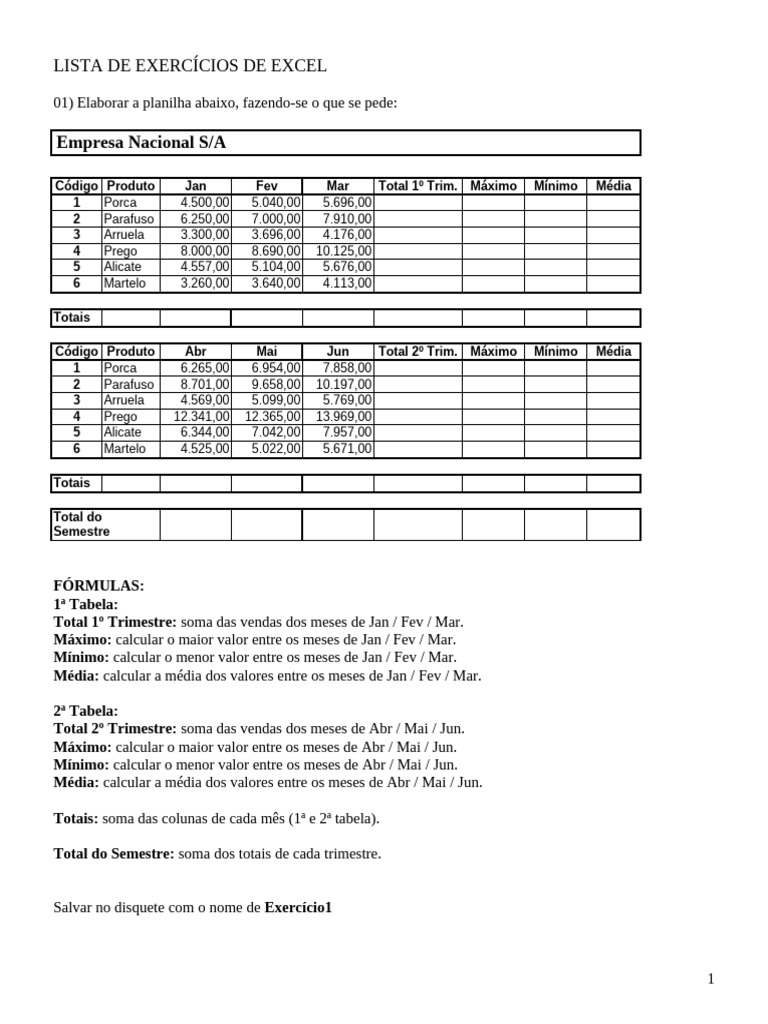 Lista de Exercícios para Excel | PDF