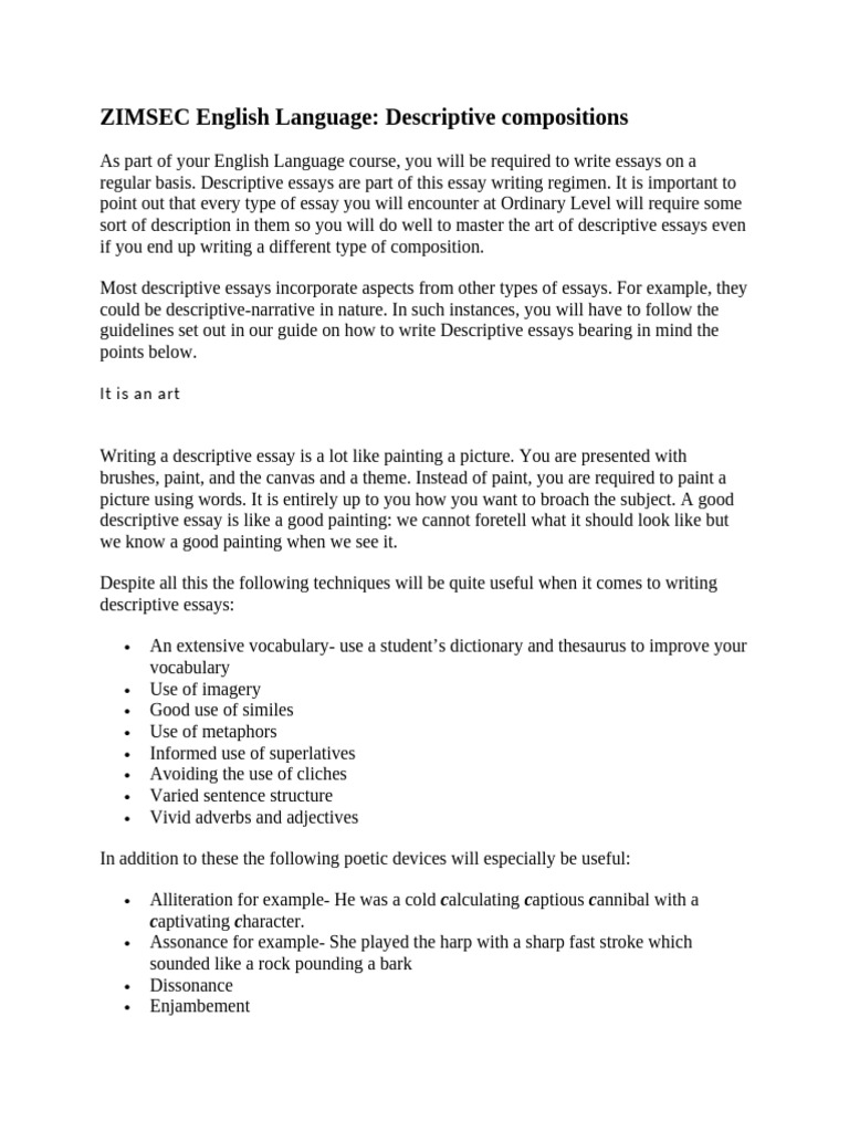 ZIMSEC English Language Descriptive | PDF