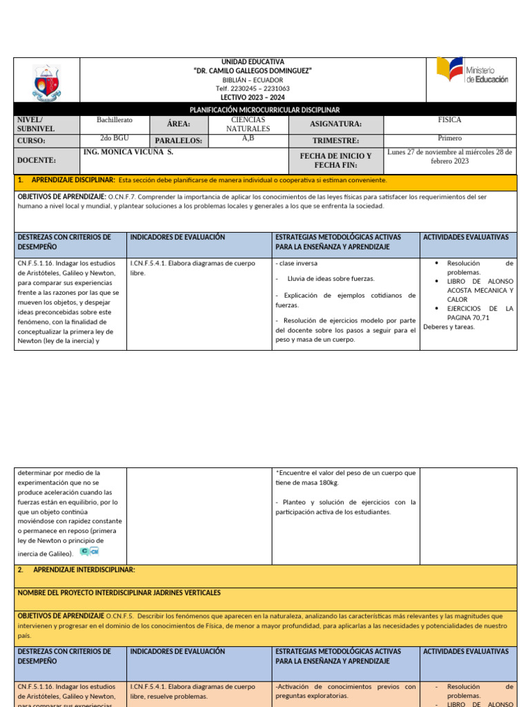 Planificación Microcurricular Por Parcial 1 Segundos Pdf
