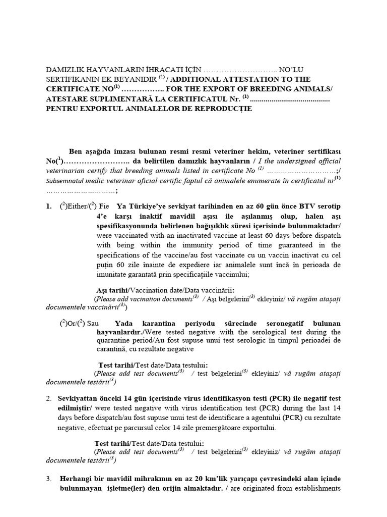 Turcia CSV Atestat Suplimentar Bovine Reproductie | PDF