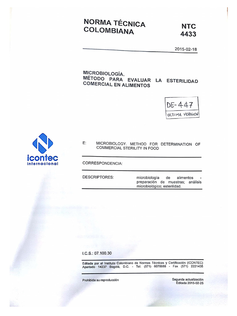 NTC 4433 3015 Esterilidad Comercial en Alimentos | PDF
