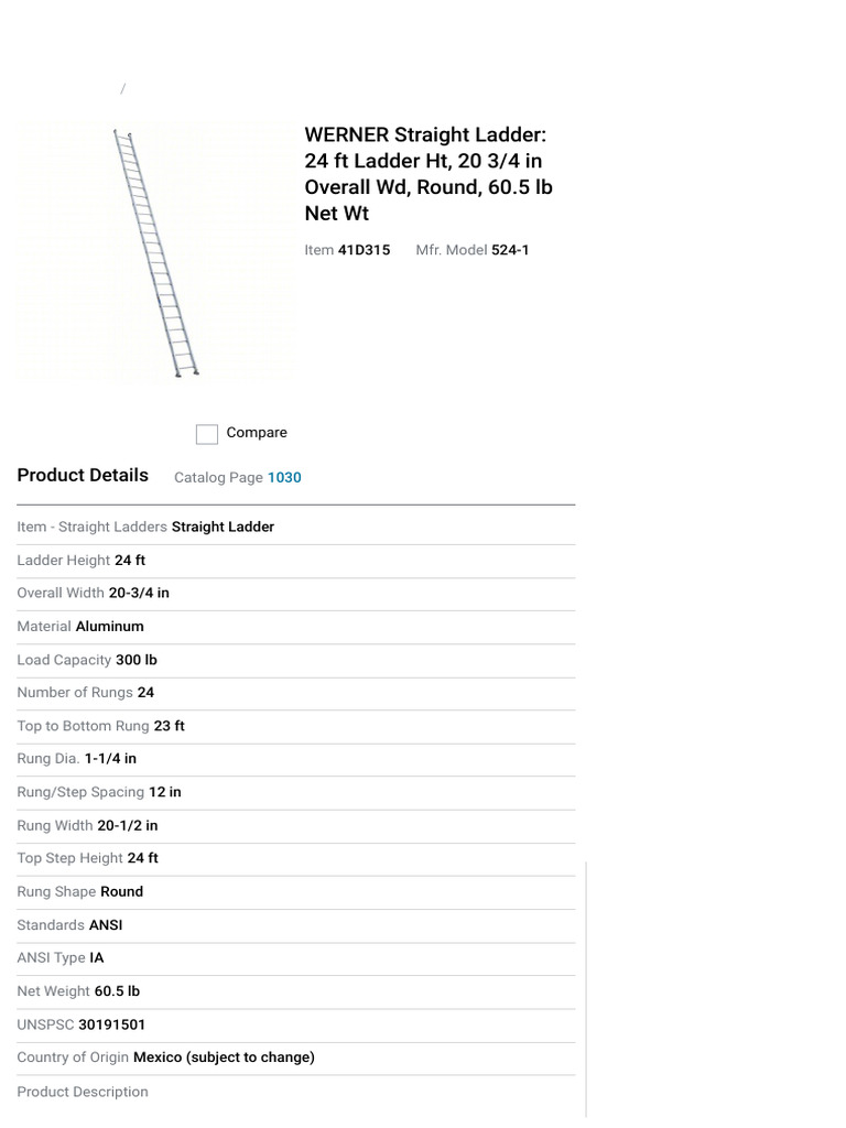 WERNER Straight Ladder: 24 FT Ladder HT, 20 3/4 in Overall WD, Round ...