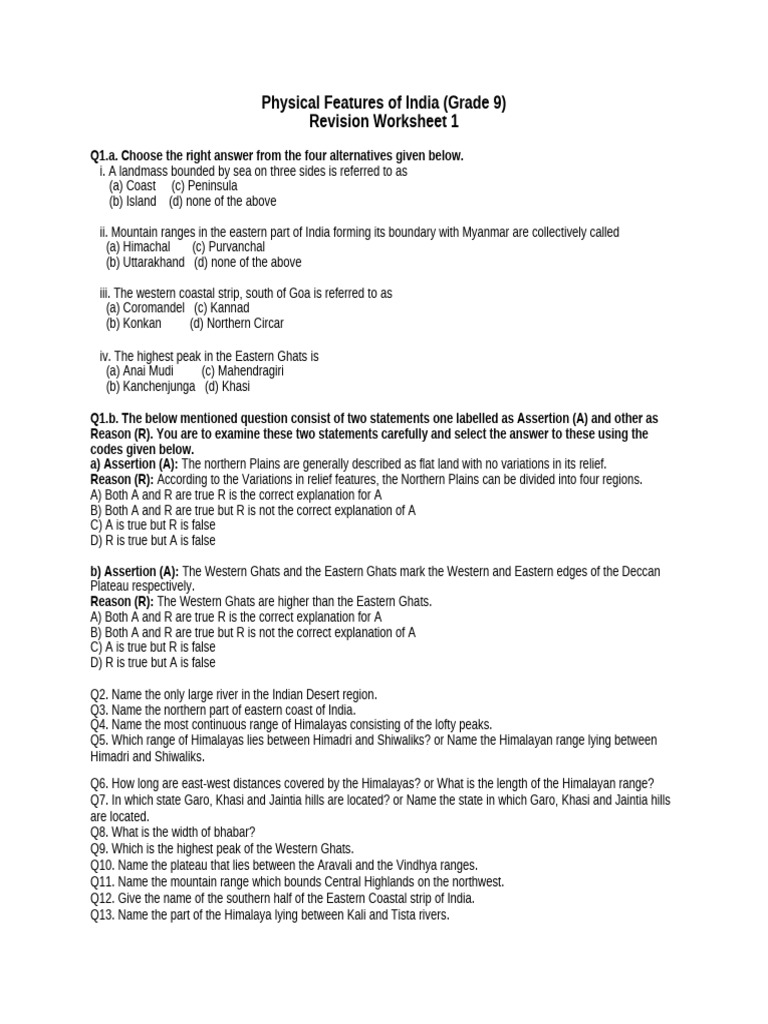 Revision Worksheet1 GR 9 Physical Features of India | PDF