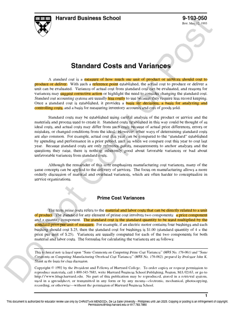 Standard Costs and Variances: Harvard Business School 9-193-050 | PDF