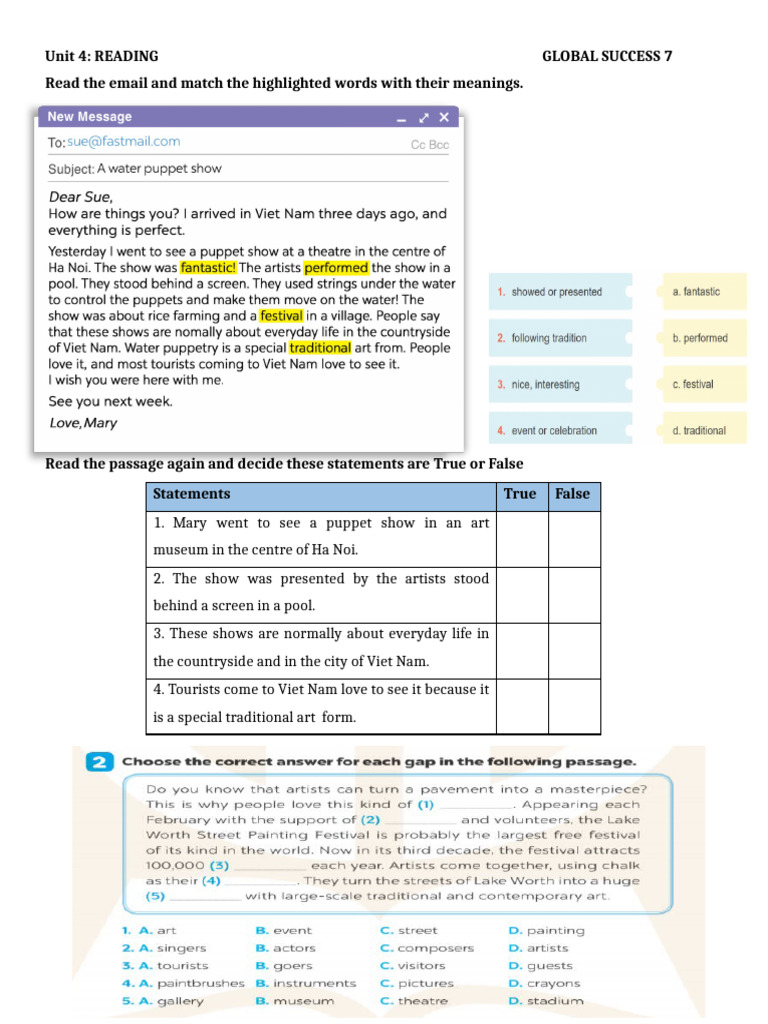 GLOBAL SUCCESS 7 Unit 4 READING | PDF