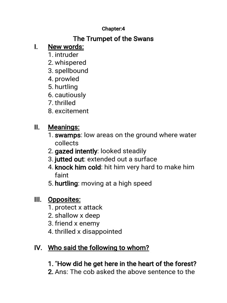 GRADE 4 - English 2 - The Trumpet of The Swans | PDF
