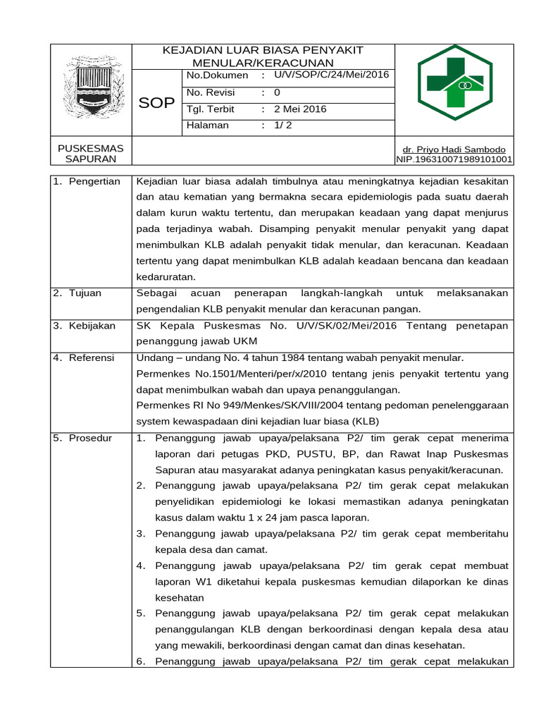 Sop Kejadian Luar Biasa Penyakit Menular | PDF