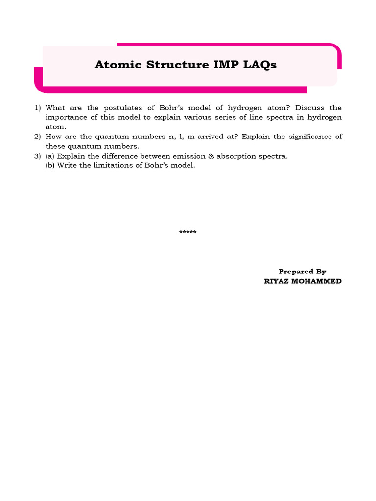 Atomic Structure IMP LAQs (SWR) | PDF