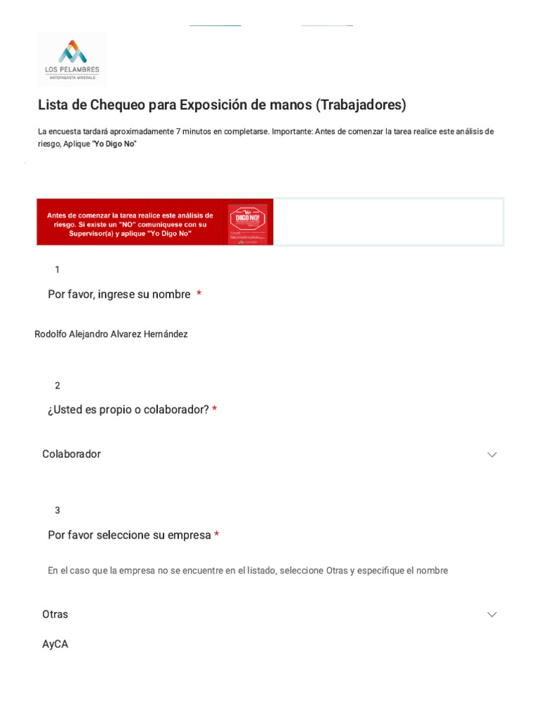 Lista de Chequeo para Exposición de Manos (Trabajadores) | PDF