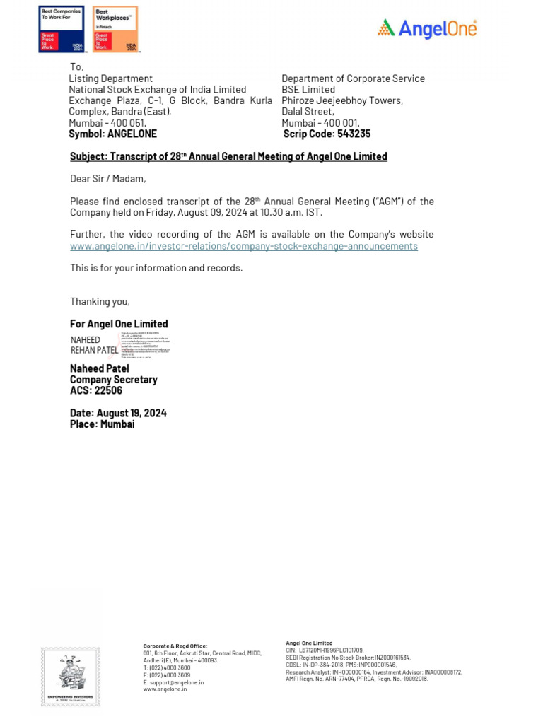 WWW - Angelone.in/investor Relations/company Stock Exchange ...
