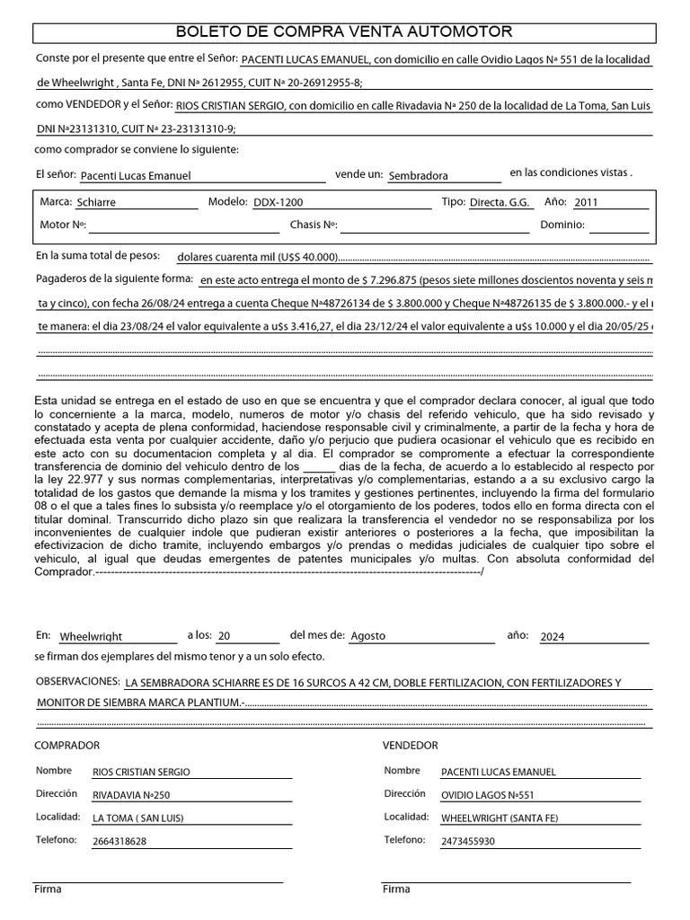 Boleto Compra Venta Automotor | PDF