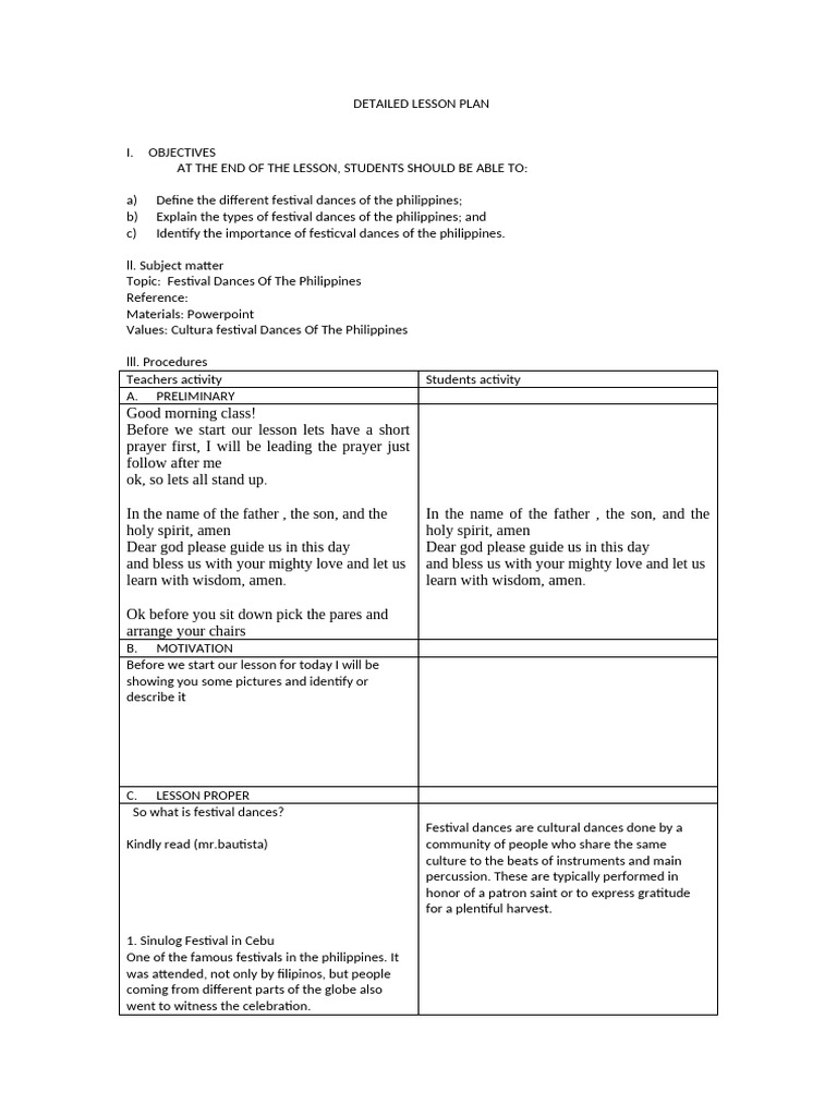Detailed Lesson Plan Festival Dances | PDF