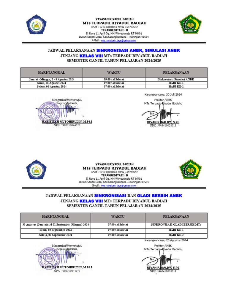 Jadwal ANBK MTs Terpadu Riyadul Badiah Tahun 2024 | PDF