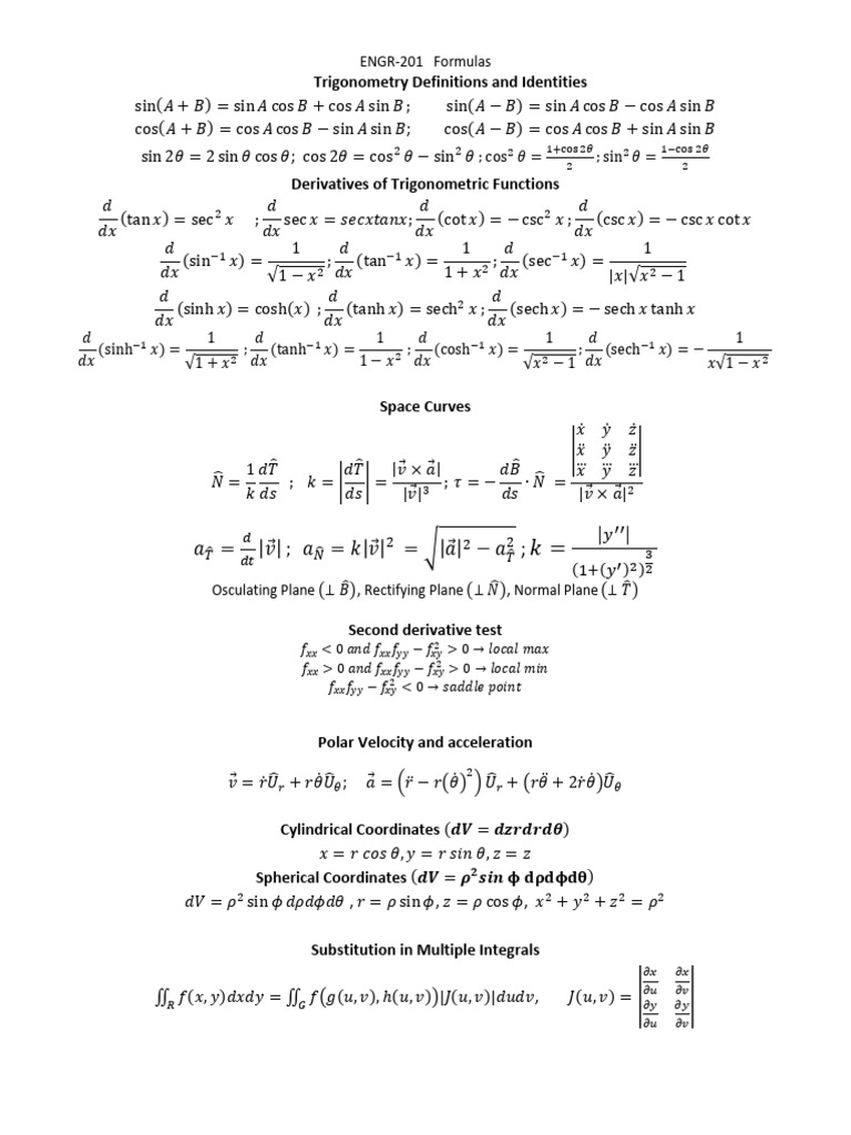 ENGR-201 Formula Sheet | PDF | Elementary Mathematics | Teaching ...