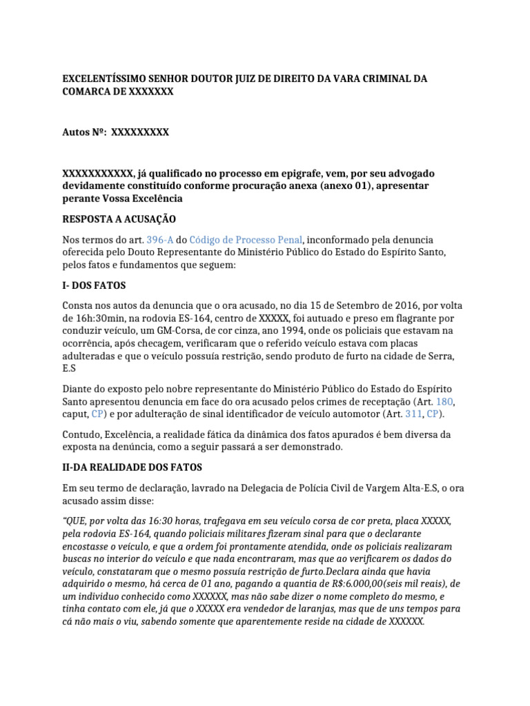 Modelo de Resposta A Acusacao Art 396 A Do Codigo de Processo Penal | PDF