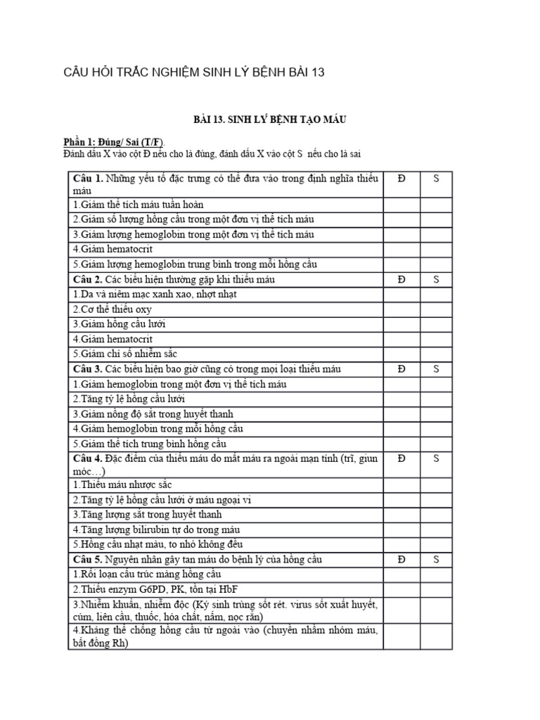 (123doc) Cau Hoi Trac Nghiem Sinh Ly Benh Bai 13 Sinh Ly Benh Tao Mau | PDF