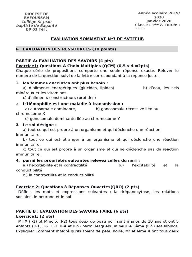 EVALUATION SOMMATIVE No3 DE SVTEEHB PA | PDF
