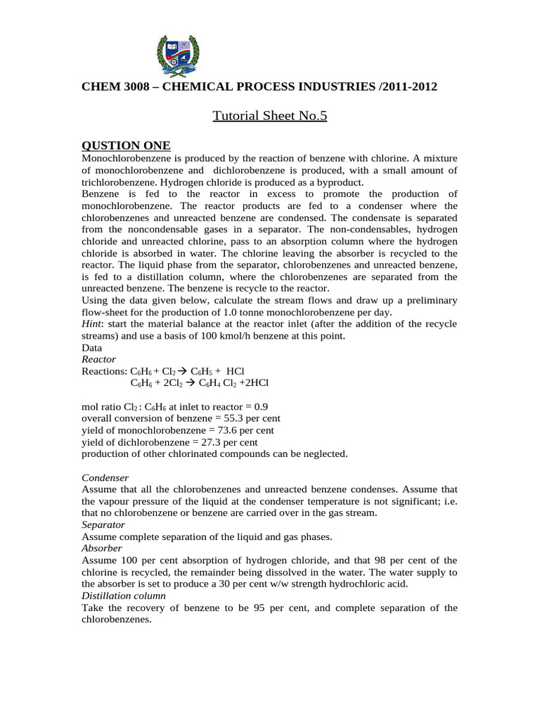 CHEM3008 Tutorial Sheet 5 | PDF