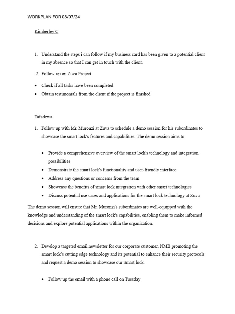 Workplan For 08-07-24 | PDF