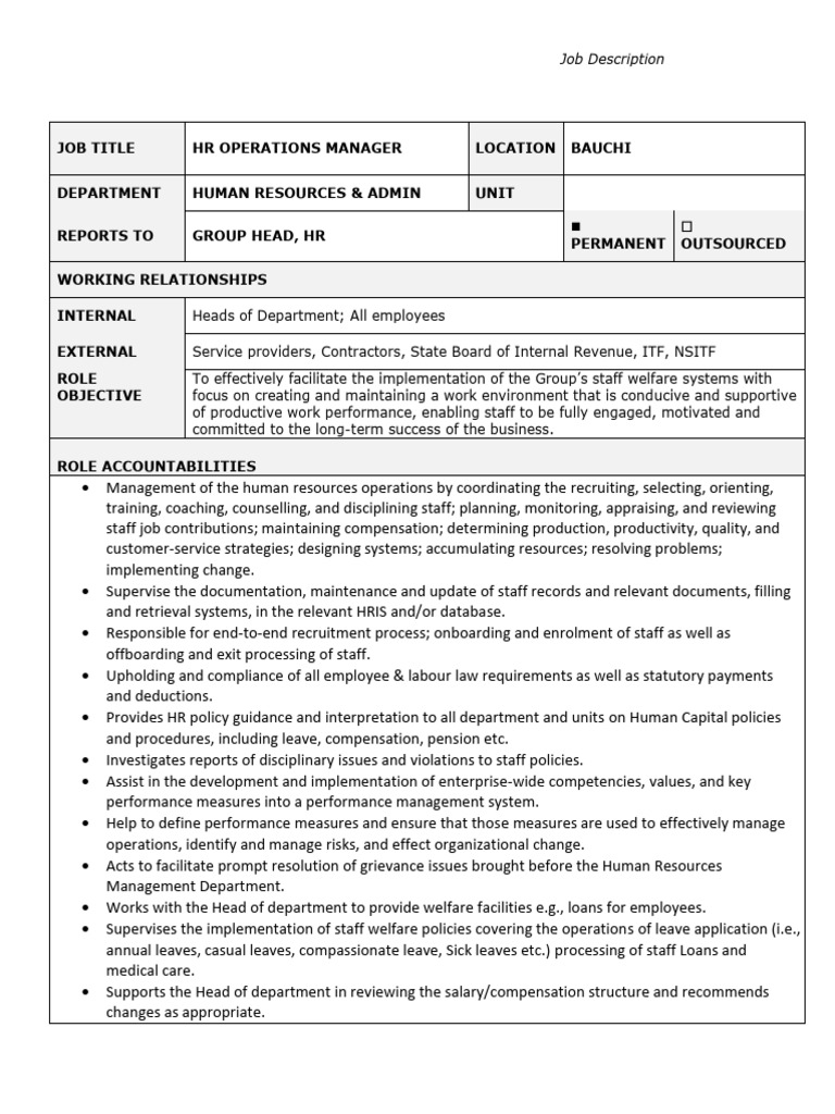 JD - HR Operations Manager | PDF