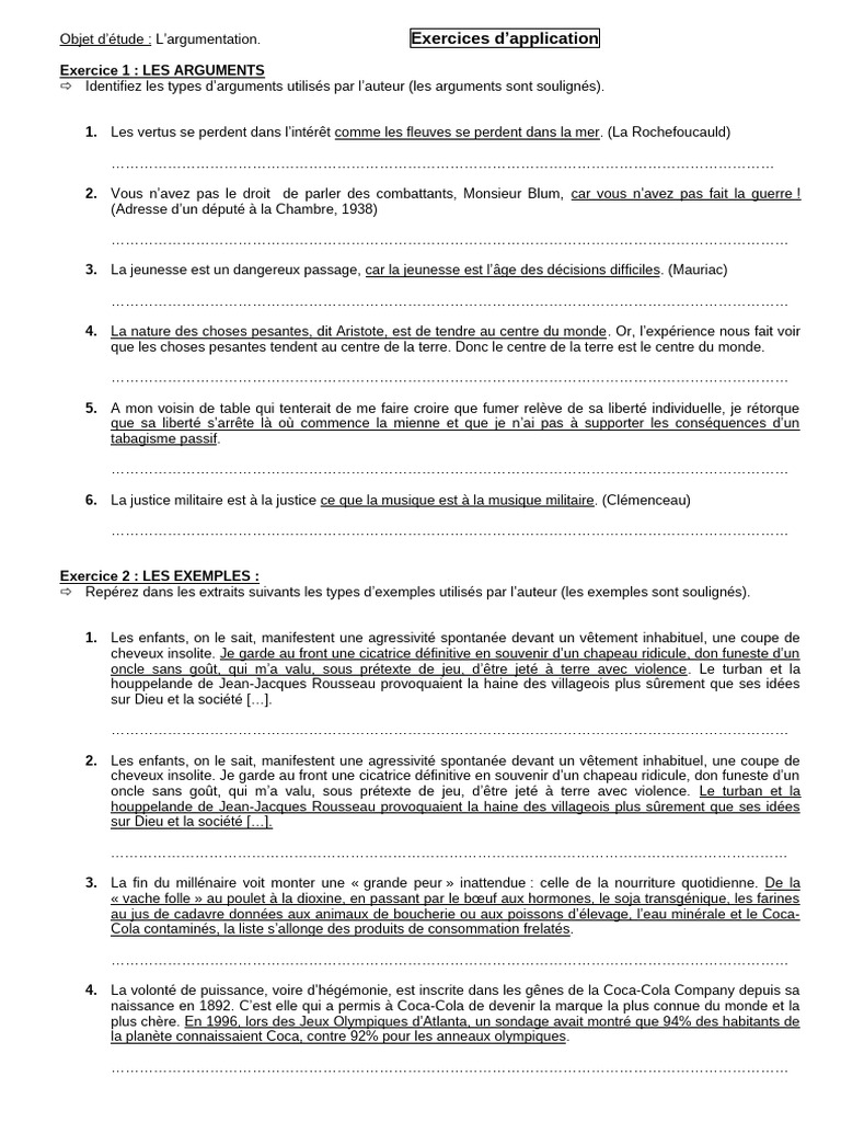 Fiche 4 Arguments Et Exemples (Exercices D'application Sans Corrigé) | PDF