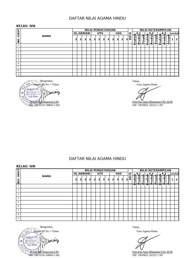 DAFTAR NILAI AGAMA HINDU 2022-2023 jilid 2 - Copy (2) | PDF