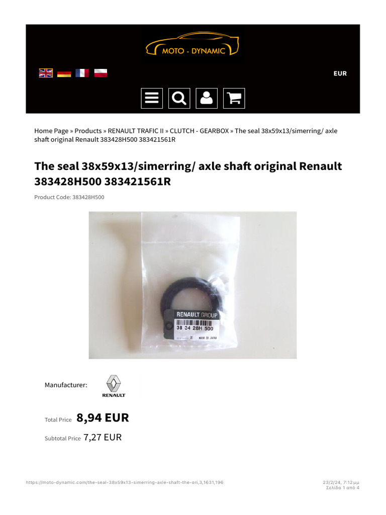 The Seal 38x59x13-Simerring - Axle Shaft Original Renault 383428H500 ...