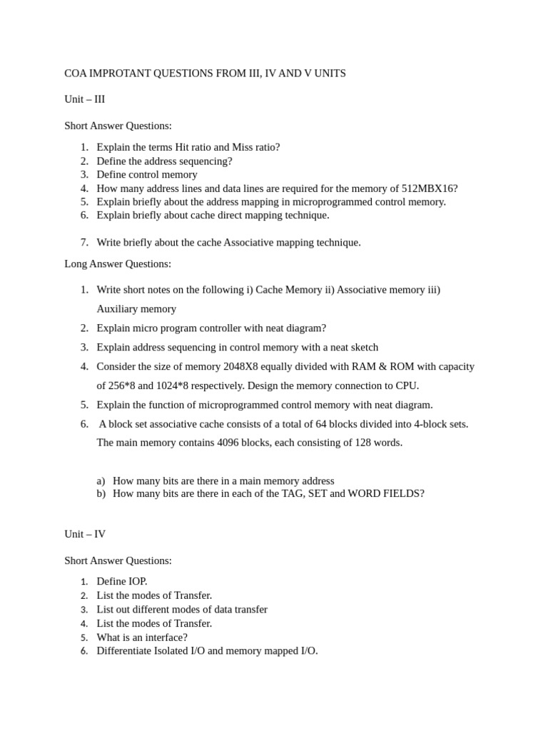 COA Important Question From 3, 4 and 5 Units | PDF