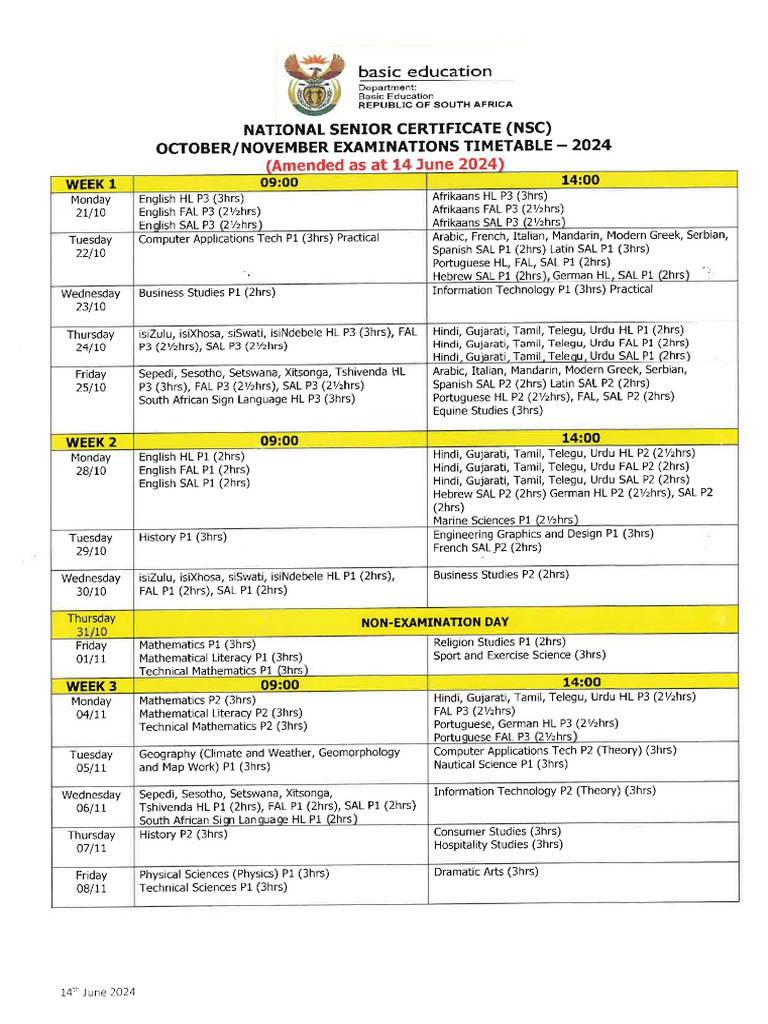 NSC 2024 Oct Nov Timetable | PDF