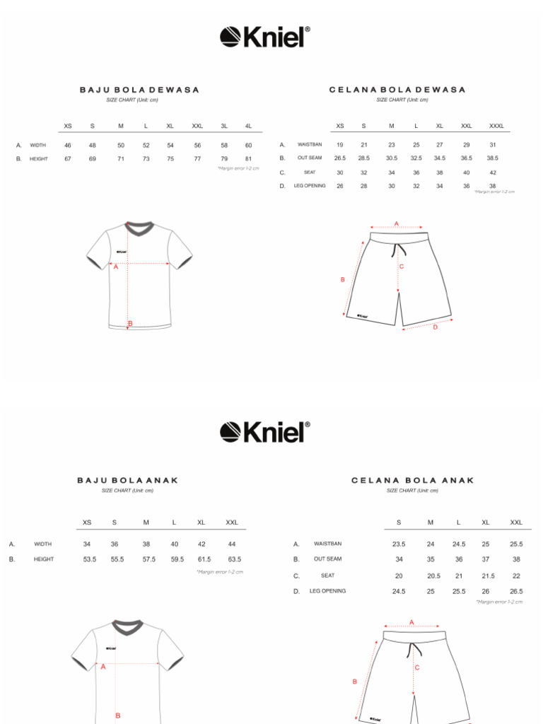Size Chart Baju Bola Dewasa & Anak | PDF