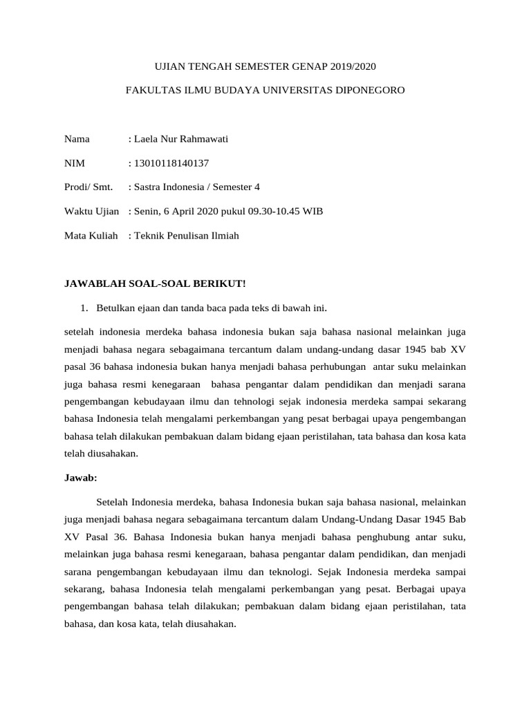 Ujian Tengah Semester Sastra Indonesia | PDF