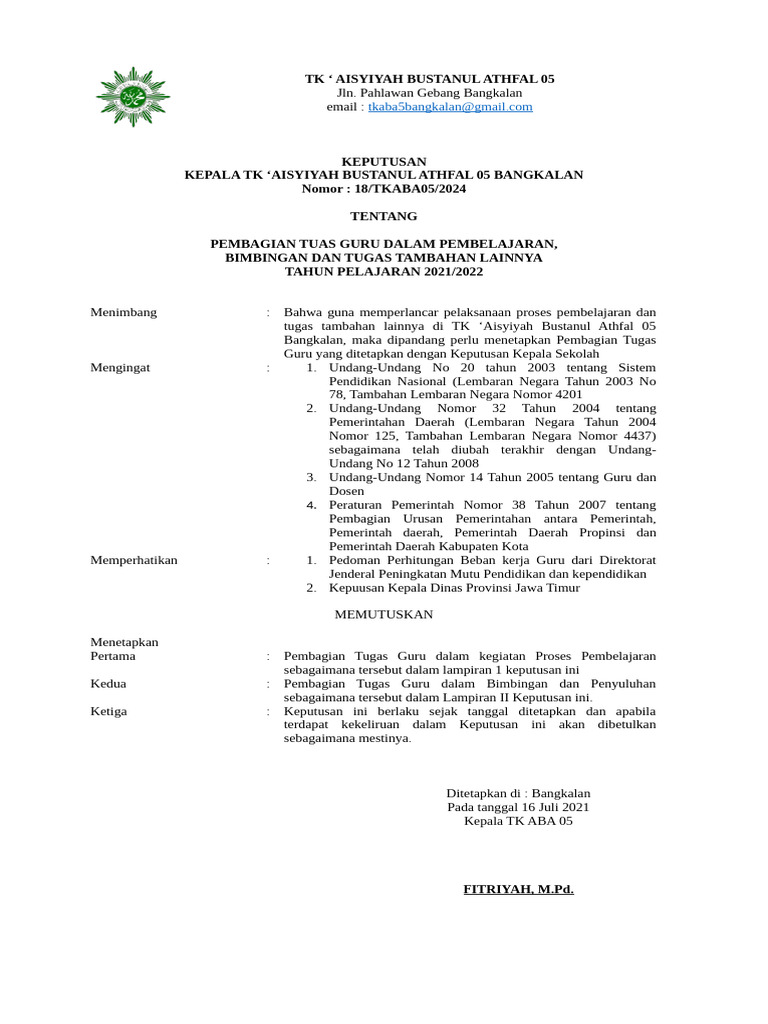 SK Pembagian Tugas 2021.2022 | PDF