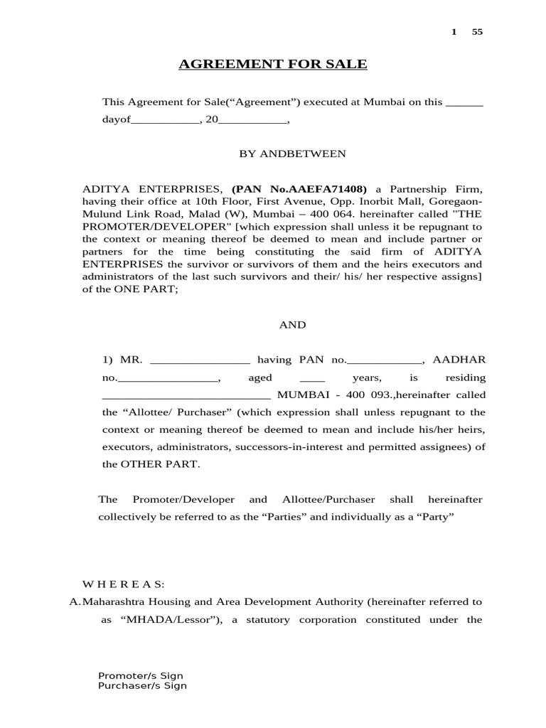Agreement For Sale Final Draft Rera | PDF