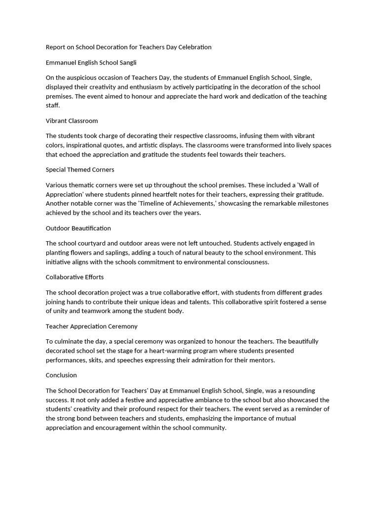 Report On School Decoration For Teachers Day Celebration | PDF