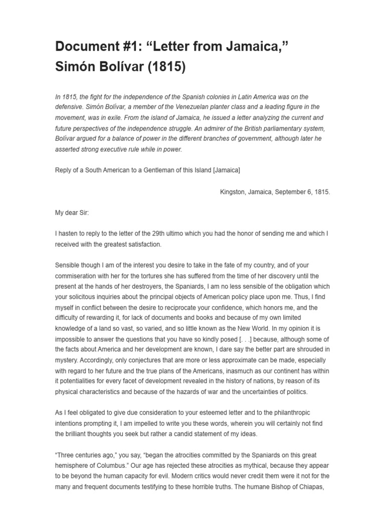 Document #1 - "Letter From Jamaica," Simón Bolívar (1815) - Modern ...