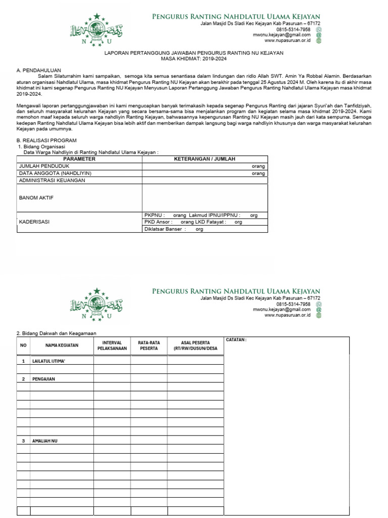 Laporan Pertanggungjawaban NU Kejayan | PDF | Sunni Islam | Islamic Branches
