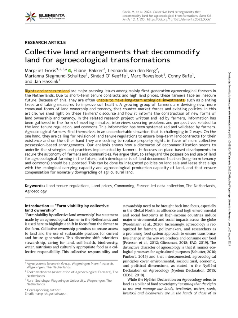 Collective Land Arrangements That Decommodify Land For Agroecological ...