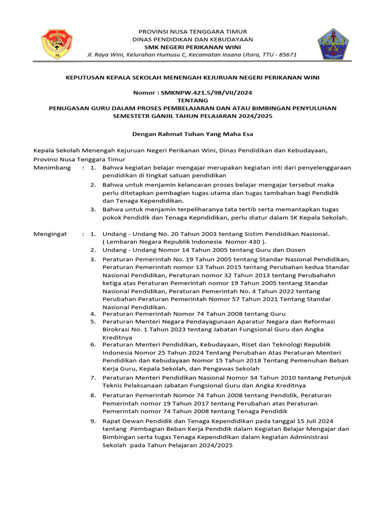 SK Pembagian Tugas Mengajar 2024 - 2025 | PDF