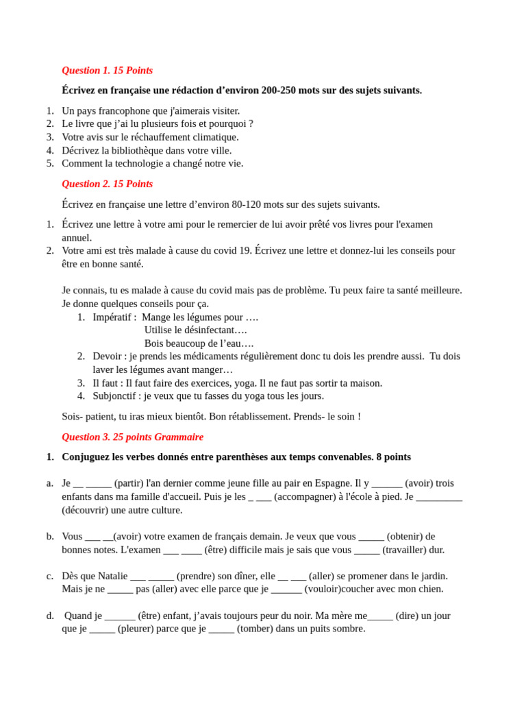 2024 Sample Class Paper-French | PDF