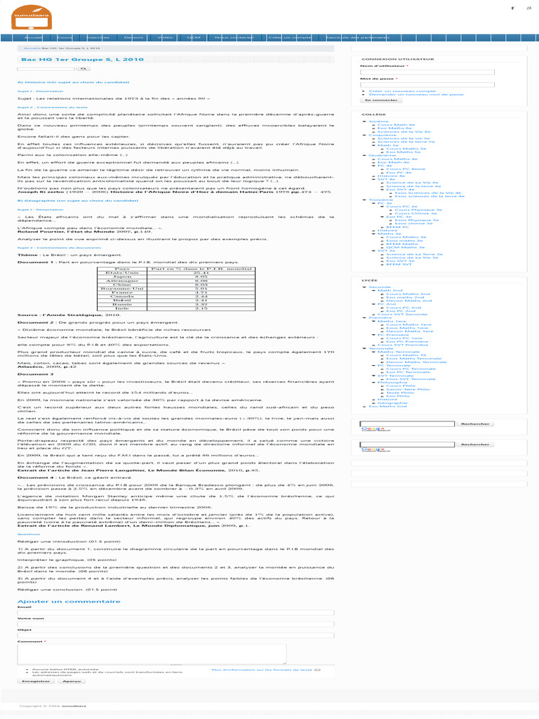 Bac HG 1er Groupe S, L 2010 - Sunudaara | PDF