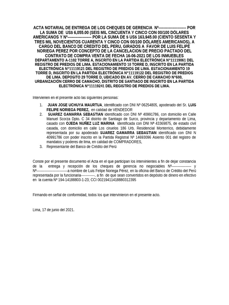 ACTA DE ENTREGA DE CHEQUES | PDF